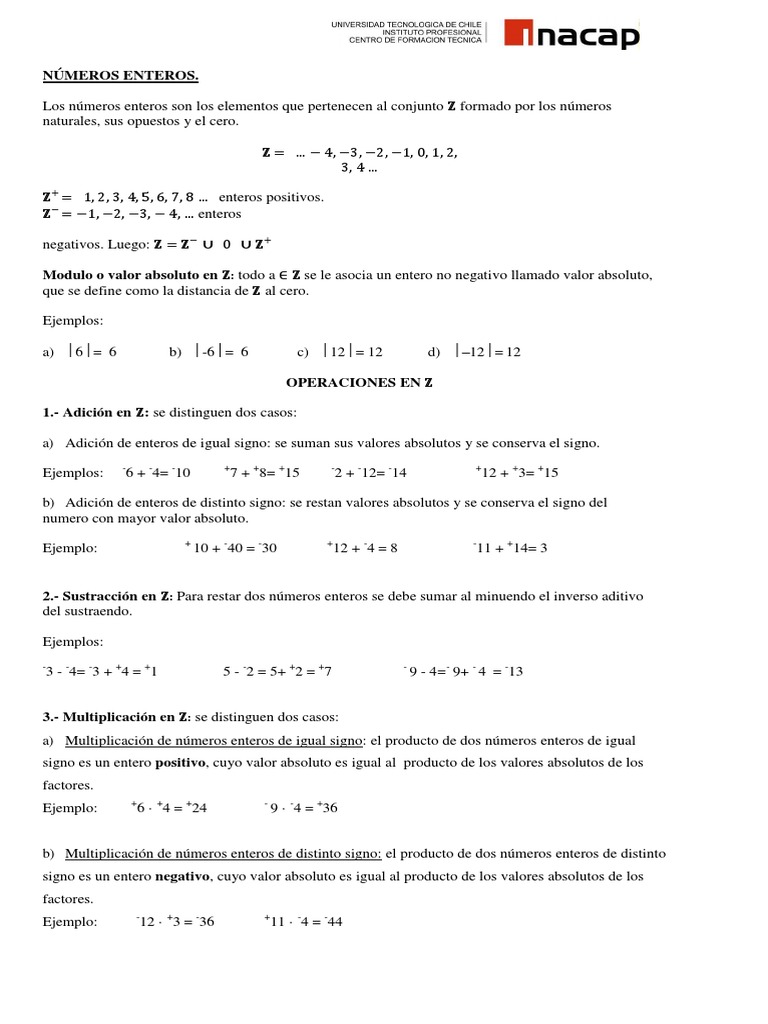 Números Enteros: Definición y Operaciones | PDF | Entero | Sustracción
