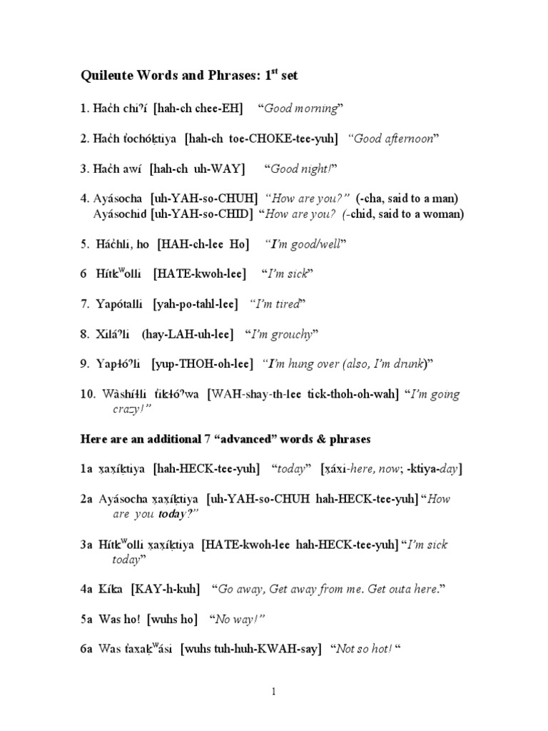 Quileute Words and Phrases-Sets 1-4 | PDF