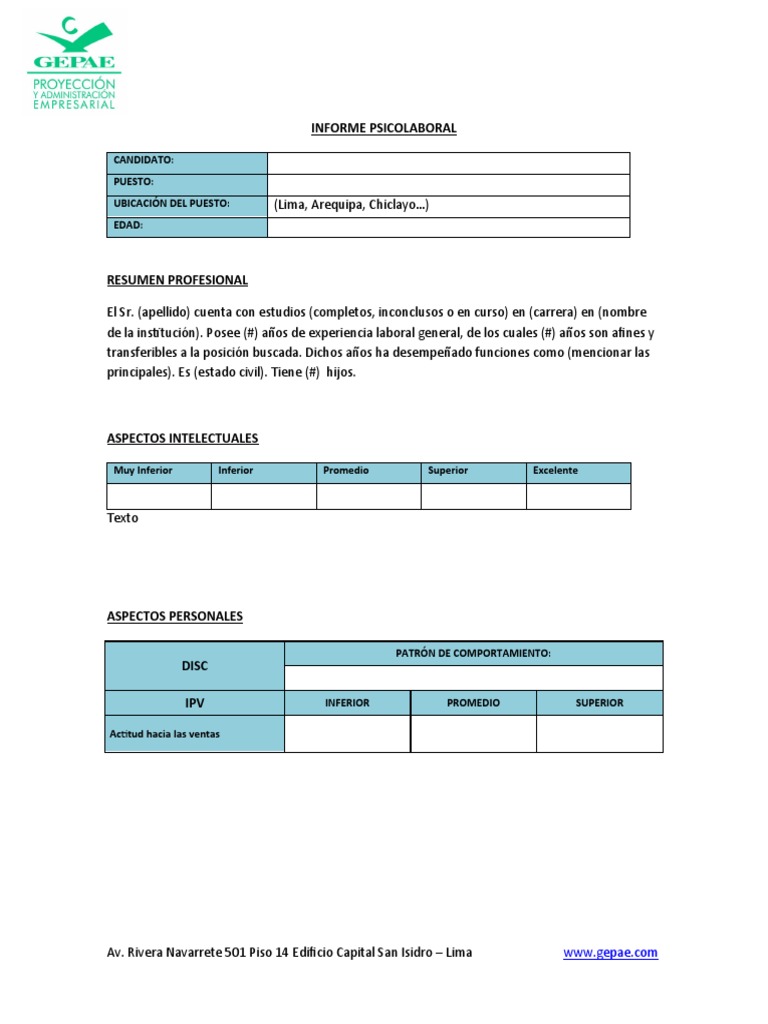 Formato de Informe Psicolaboral (Mando Medio) Con Grafico | PDF