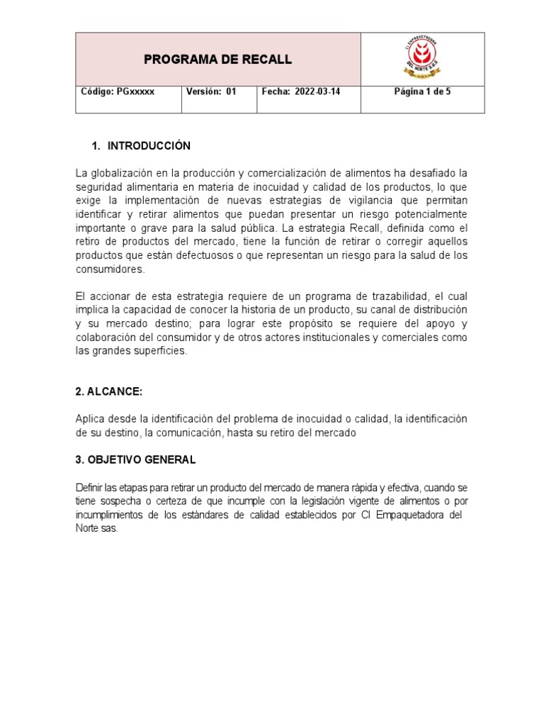 Programa de Recall en Alimentos | PDF