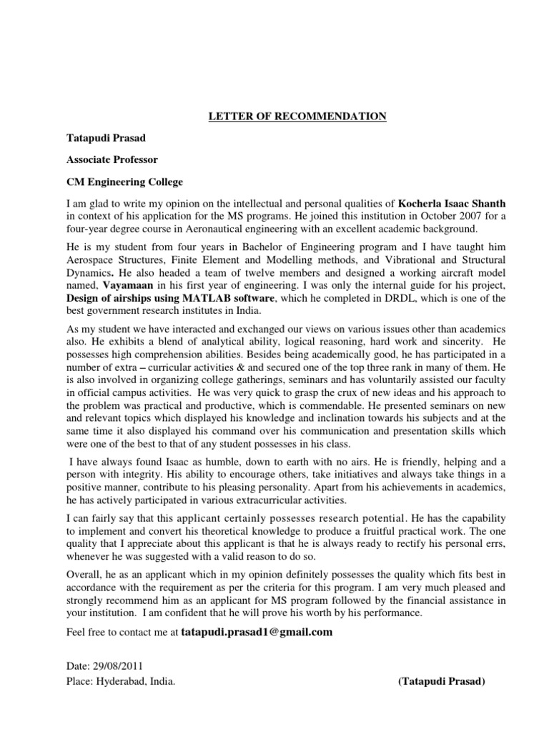 Letter of Recommendation | PDF | Engineering | Aerospace Engineering