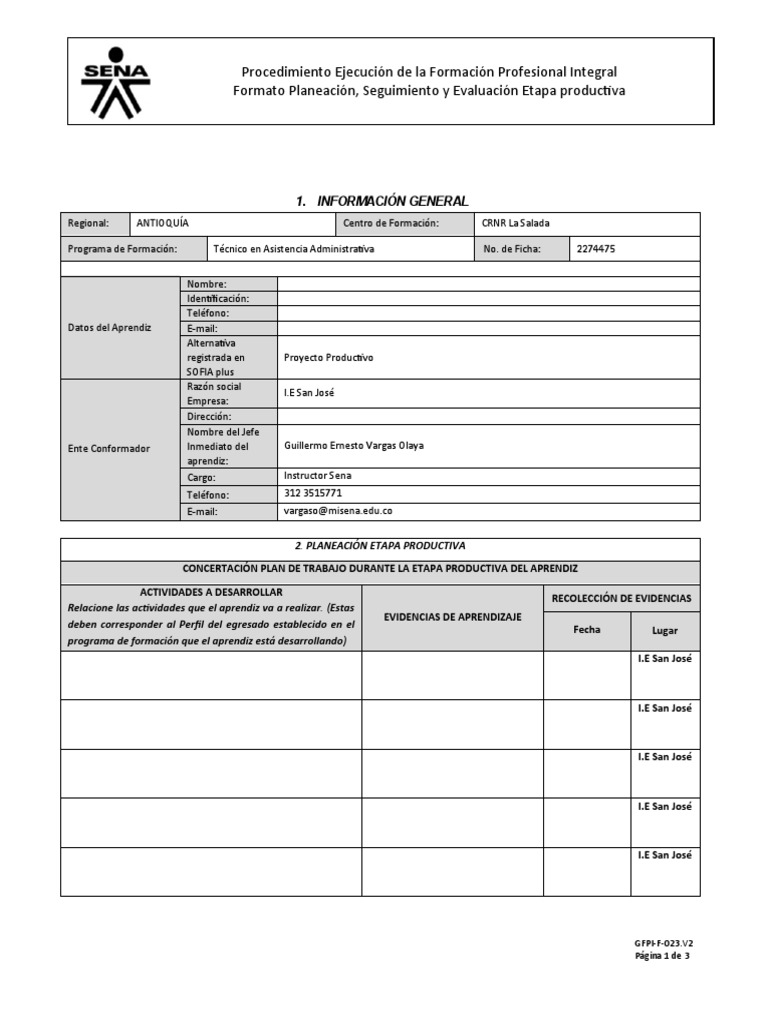 FORMATO GFPI-F-023 Formato Planeacion Seguimiento y Evaluacion Etapa ...