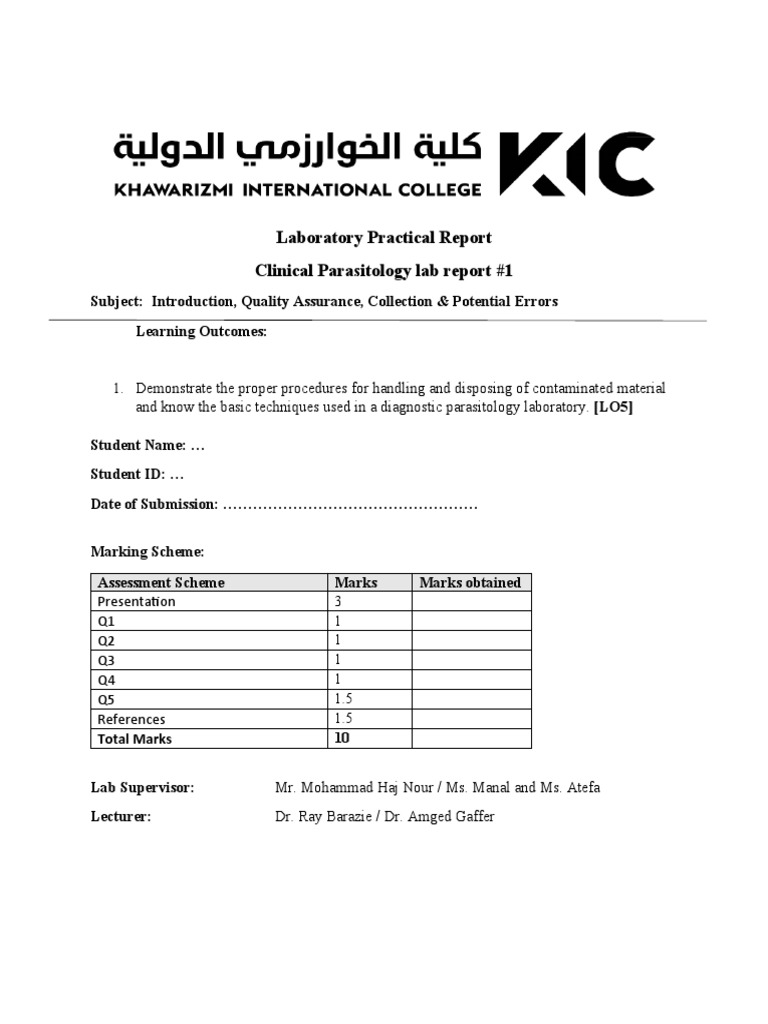 Parasitology Laboratory Practical Report #1introduction, Quality ...