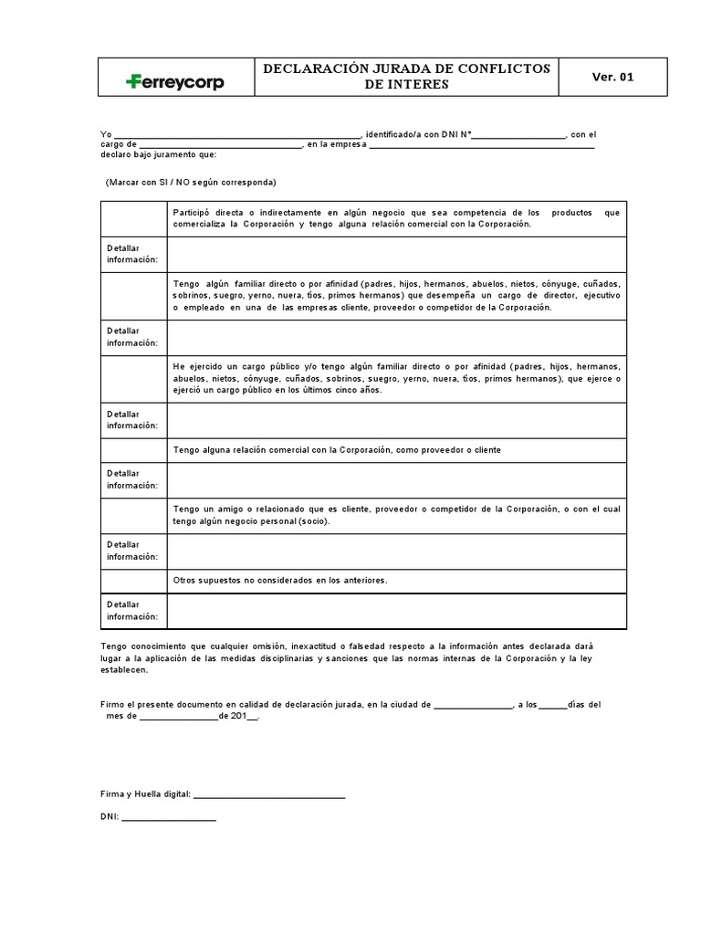 Declaración Jurada de Conflictos de Interés | PDF | Derecho
