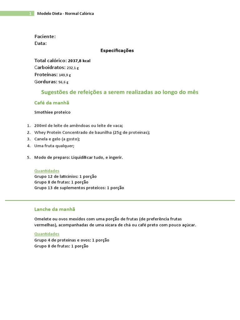 Dieta Normal Calórica: Plano de Refeições e Orientações | PDF | Carne ...