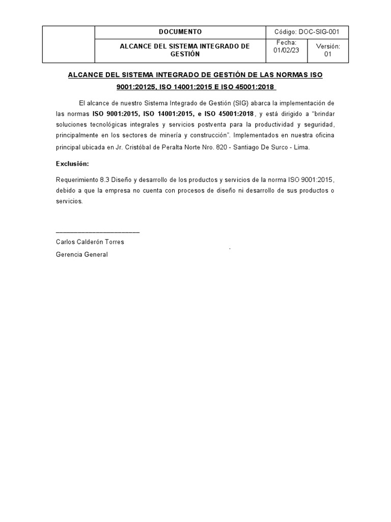 Alcance del Sistema de Gestión ISO | PDF