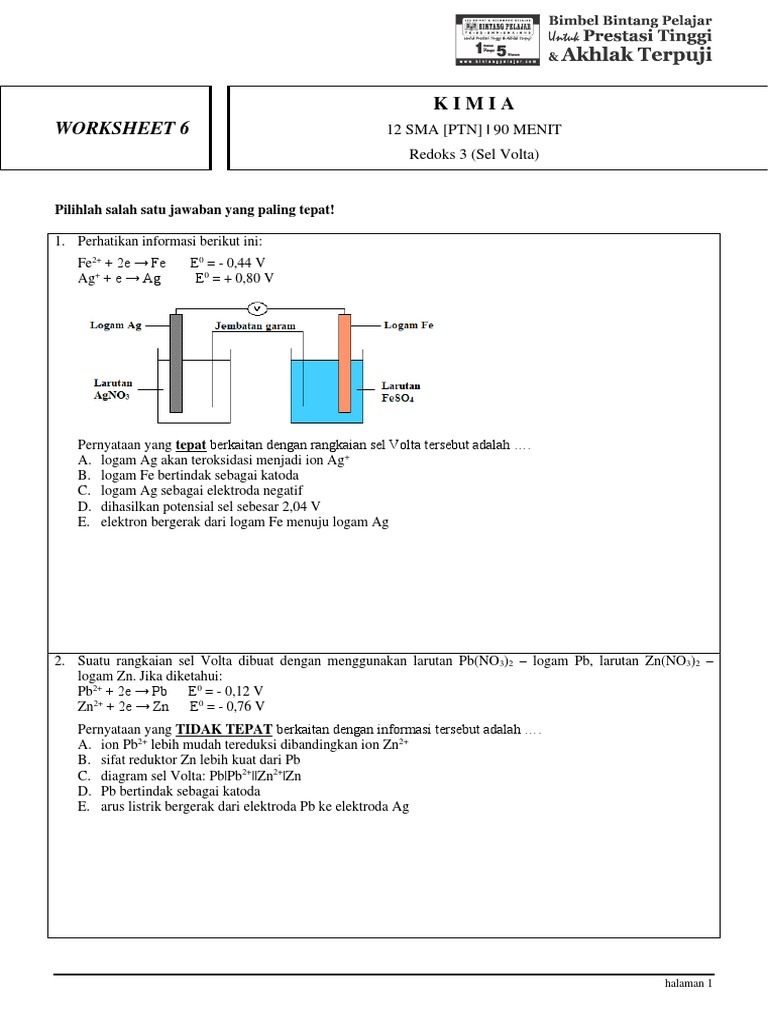 Kimia - 12 SMA PTN Worksheet 6 (Redoks 3) (Layout) TA 20-21 | PDF