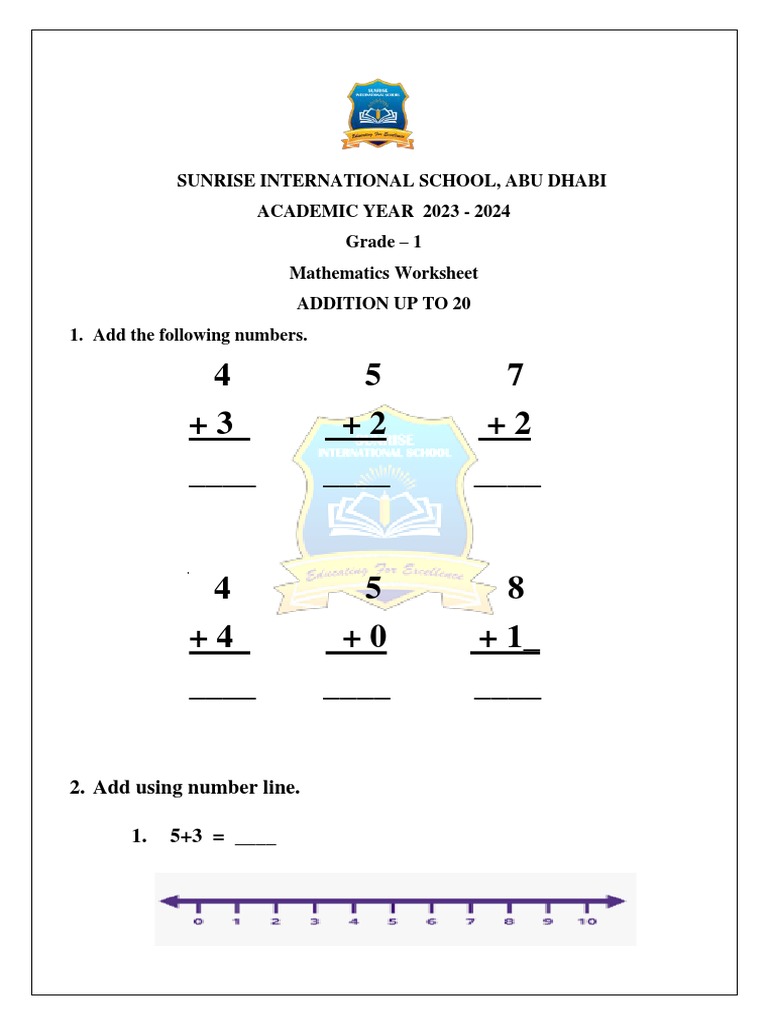 Grade1 - Math - ADDITION UPTO 20-Practice Worksheet | PDF
