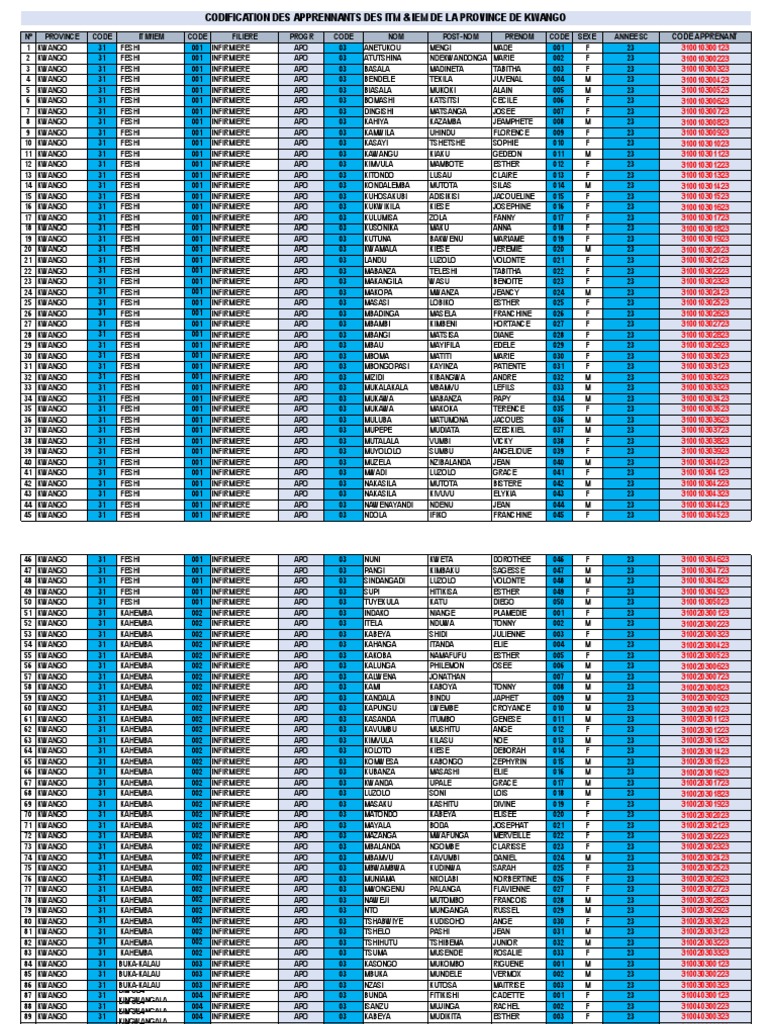 Codification Des Apprenants Des Itm & Iem de Kwango | PDF