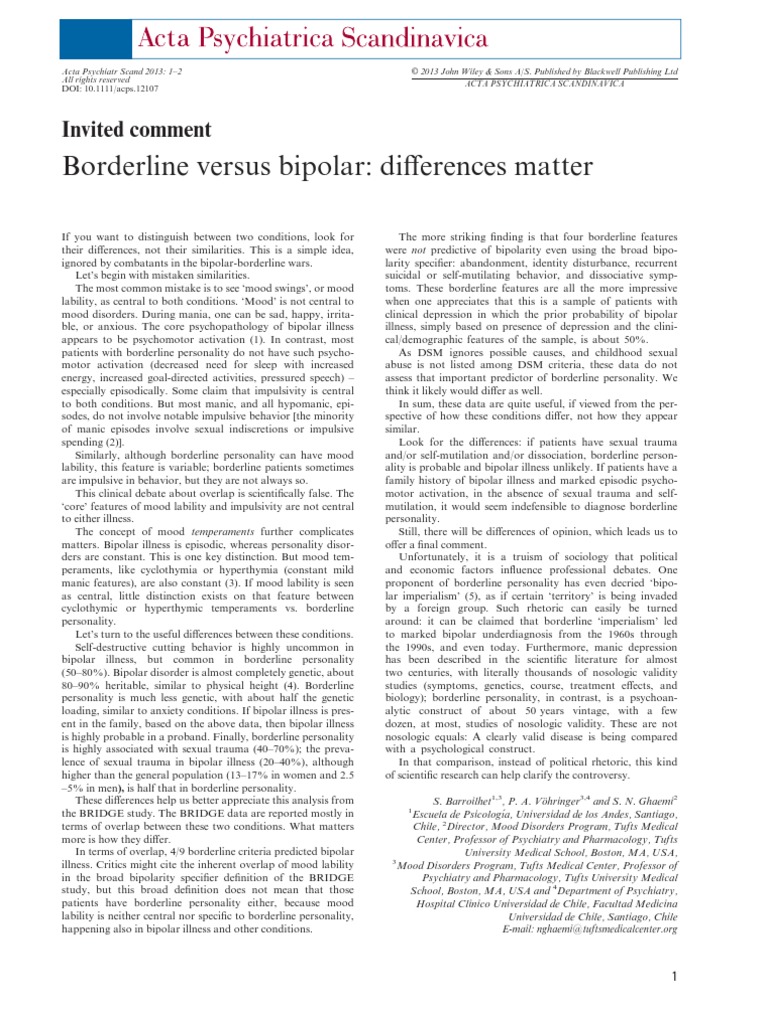 Bipolar Versus Borderline Difference Matter Acta Psych | PDF | Bipolar Disorder | Borderline ...