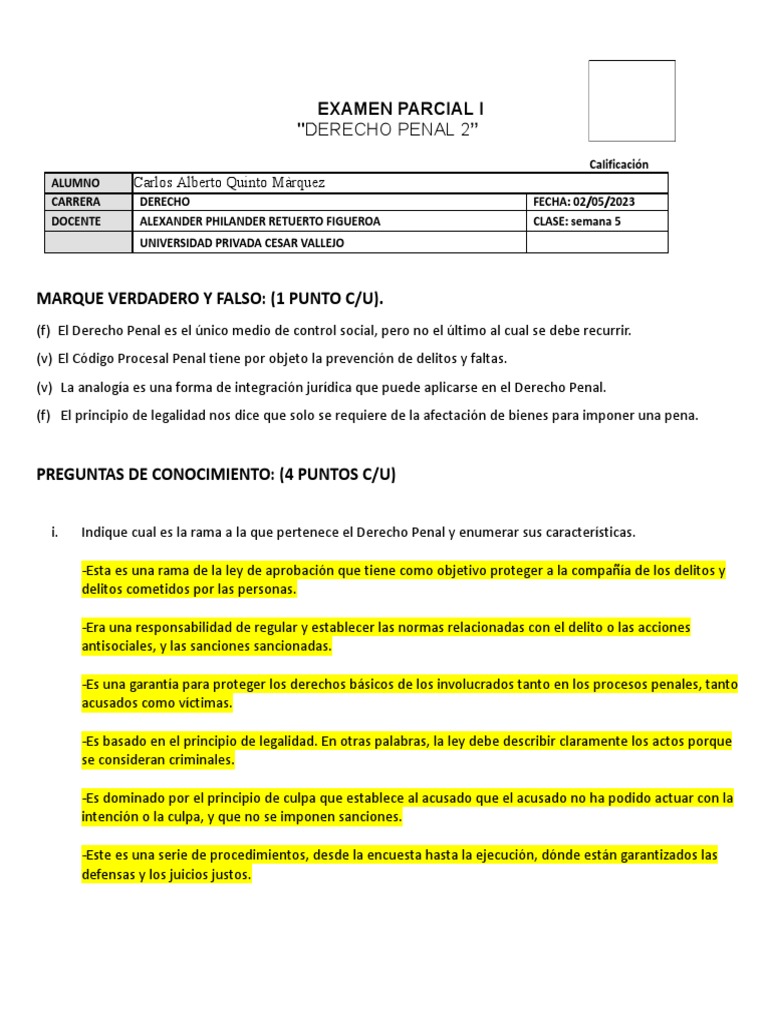 Respuestas Del Examen Parcial 1 Derecho Penal 2 | PDF | Derecho penal | Violación