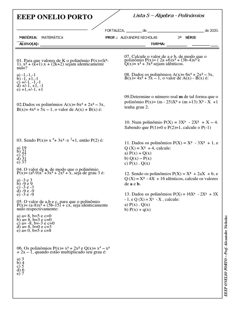 Lista 5 Polinomios | PDF | Matemática | Álgebra
