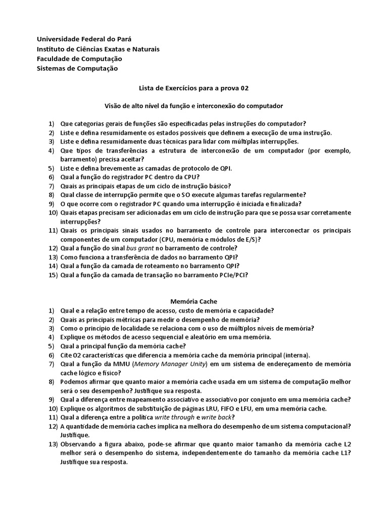 Lista de Exercícios para A Prova 02 | PDF
