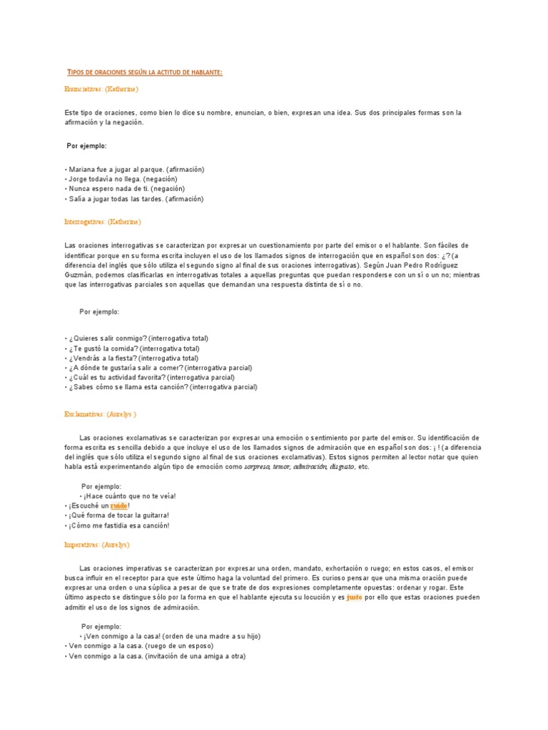 Tipos de Oraciones Según La Actitud Del Hablante | PDF | Oración ...