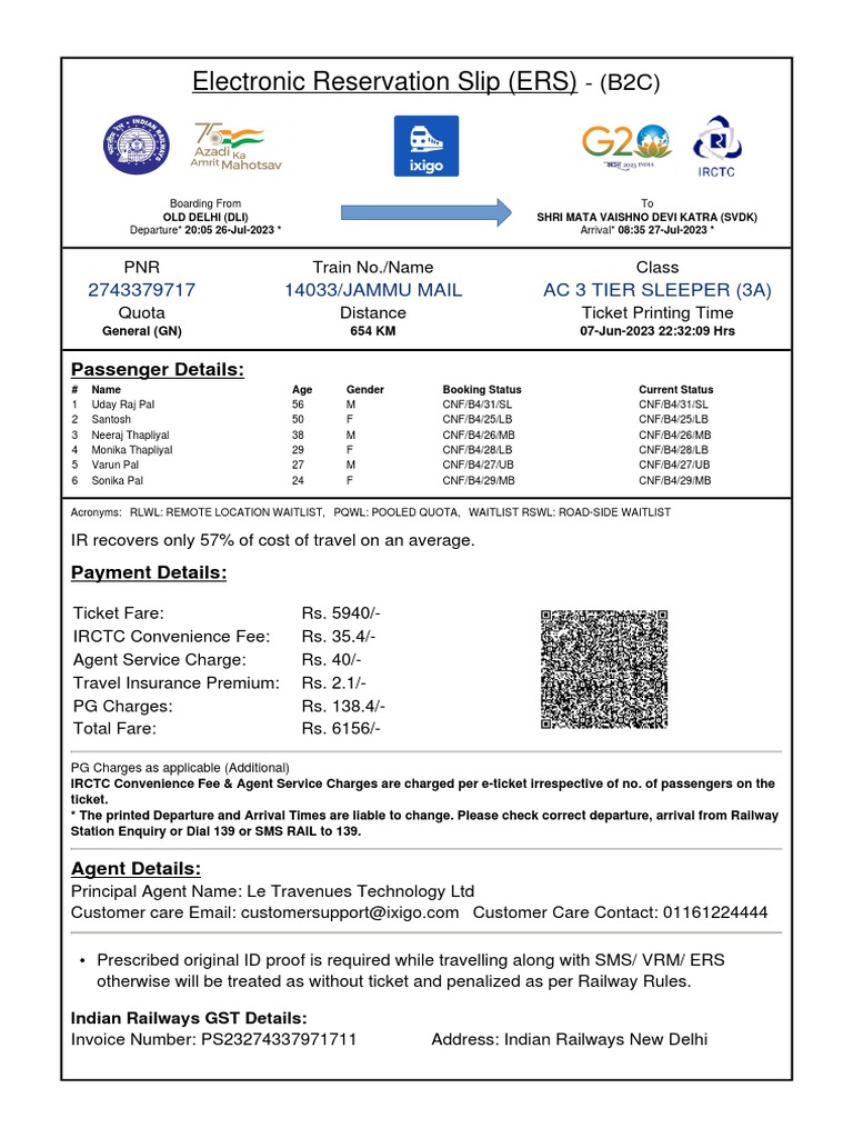 Electronic Reservation Slip (ERS) : 2743379717 14033/JAMMU MAIL Ac 3 ...