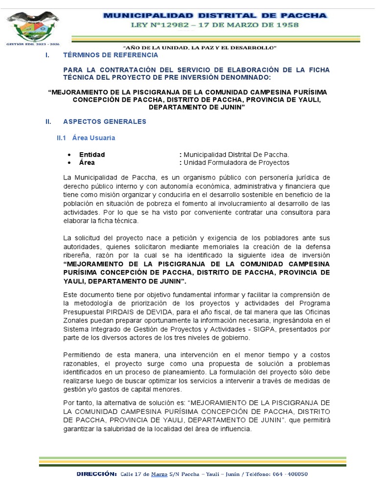 10 TDR Piscigranja | PDF | Presupuesto | Infraestructura