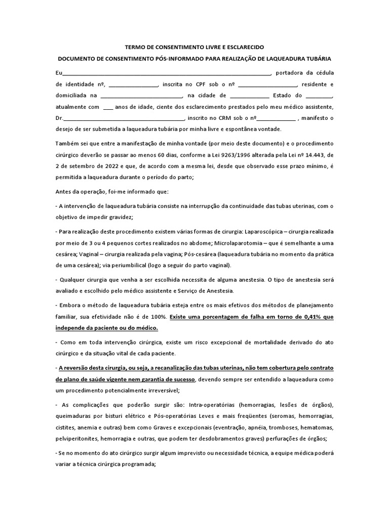 TCLE Laqueadura 2023 | PDF | Anticoncepcionais | Parto