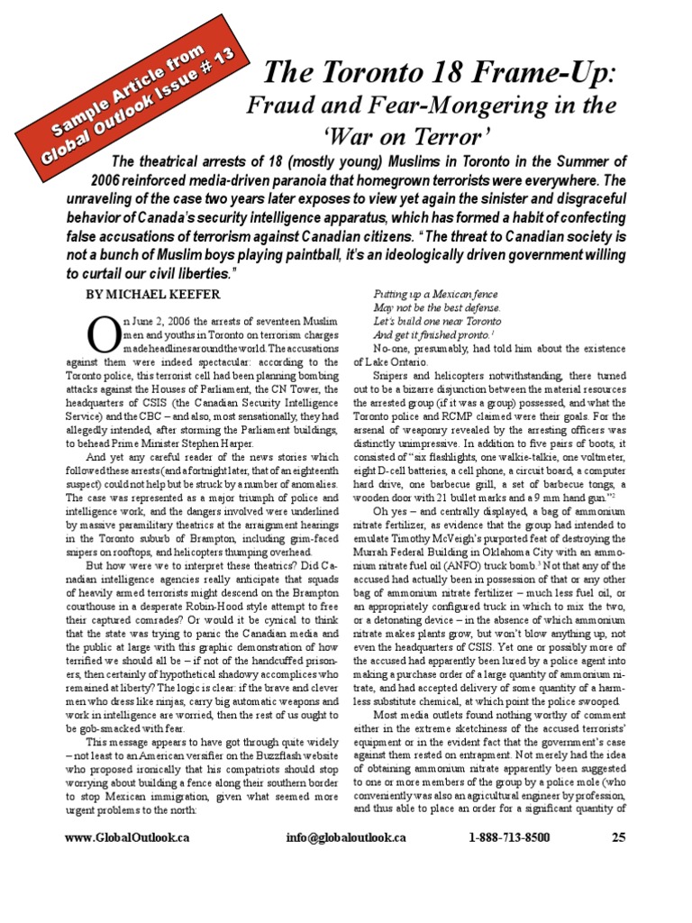 The Toronto 18 Frame-Up:: Fraud and Fear-Mongering in The War On Terror ...