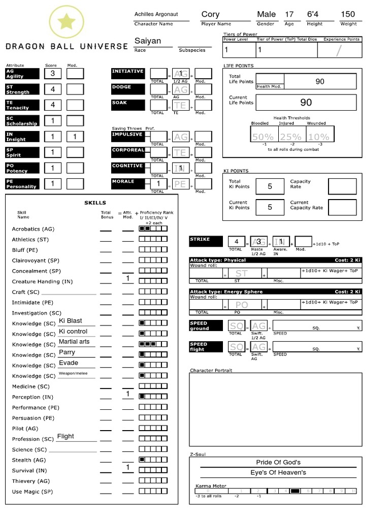 DBU Character Sheet Without Magic - Fillable | PDF