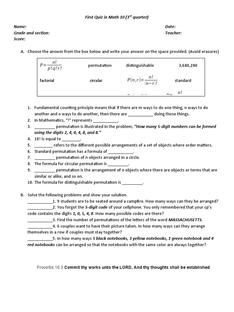 First Quiz in Math 10 3rd Quarter | PDF