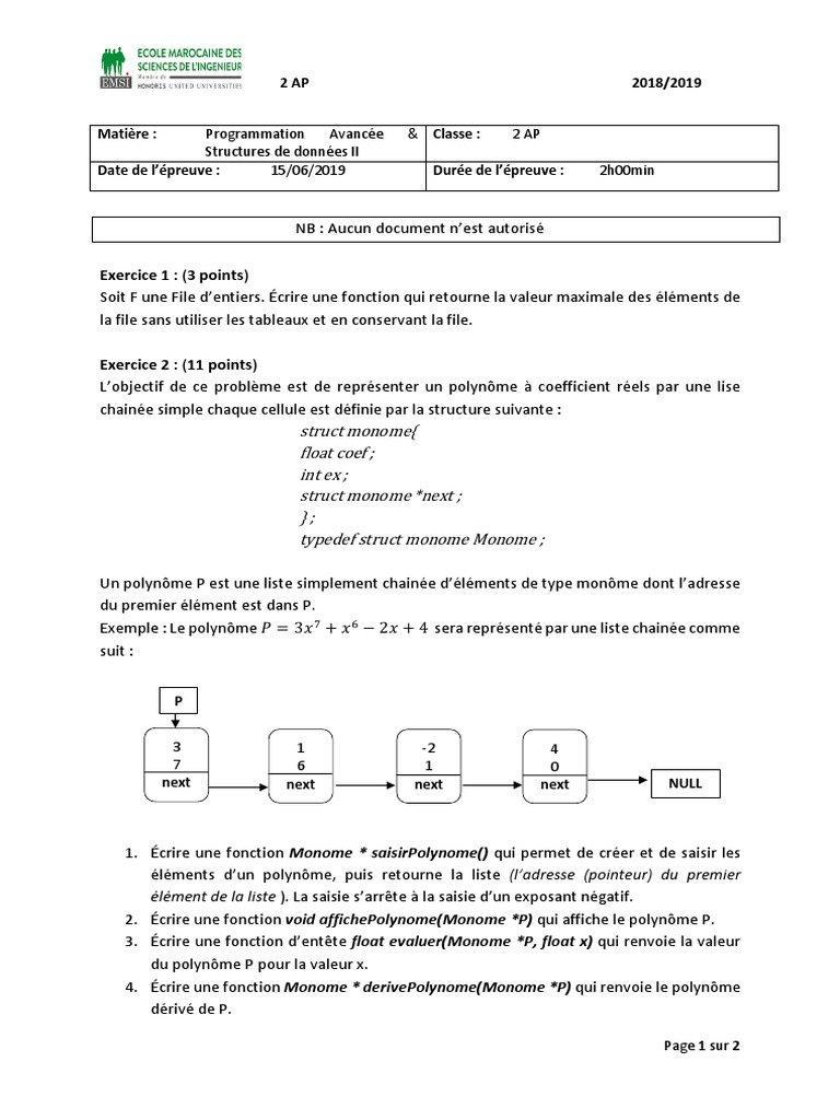 Examen Programmation Avancée & Structures de Données I | PDF