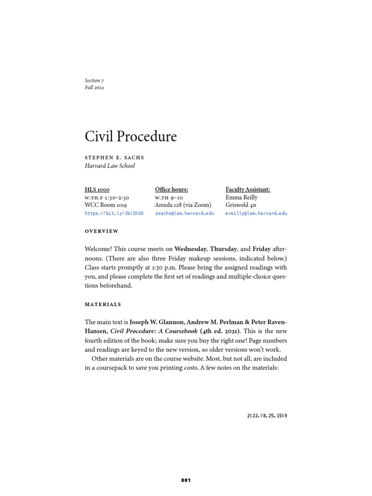 01 Syllabus CivPro Sachs Fall2022 | PDF | Collateral Estoppel | Civil Law (Common Law)