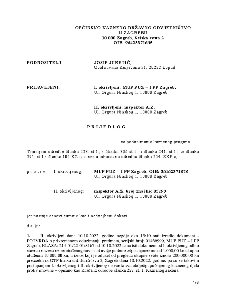 Prijedlog Za Kazneni Progon 05298 | PDF