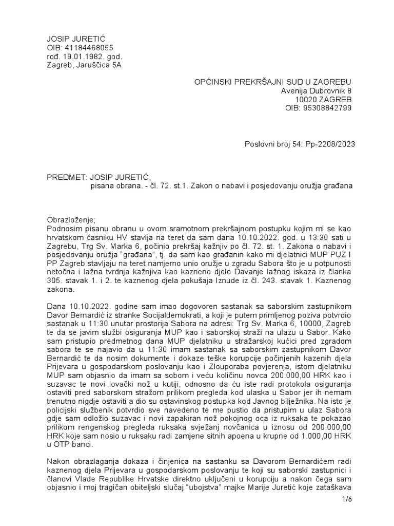 Prekršajni Nalog - Pisana Obrana - Oružje | PDF