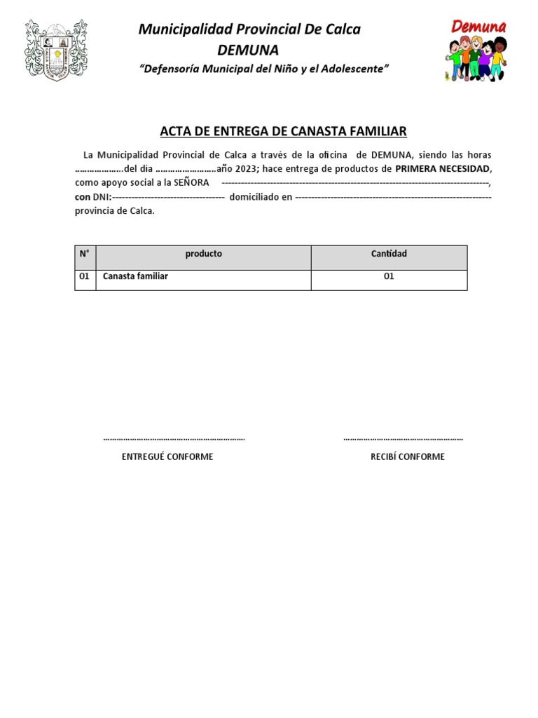 Acta de Entrega de Canasta Familiar | PDF