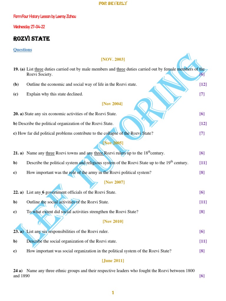 History Rozvi State Q&A 27-04-22 - For Beverly | PDF