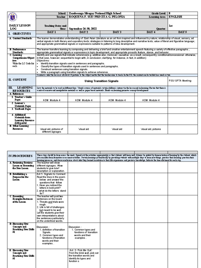 DLL Eng8 Week5 Using Transistion Signals | PDF | Learning | Cognitive ... DLL Eng8 Week5 Using Transistion Signals | PDF | Learning | Cognitive ...