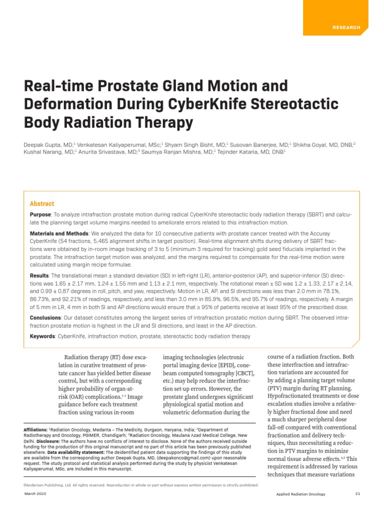 Real-Time Prostate Gland Motion and Deformation During CK SBRT | PDF | Radiation Therapy ...