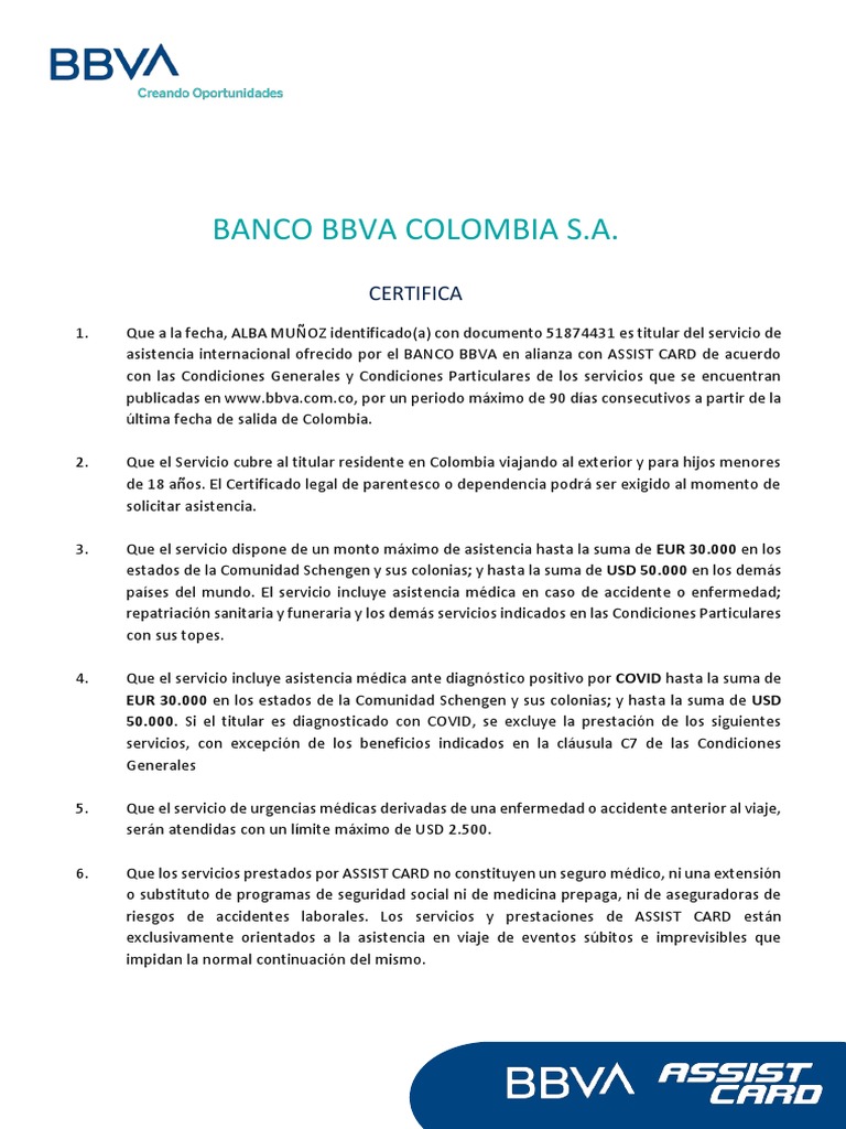 Certificado Asistencia Internacional BBVA | PDF