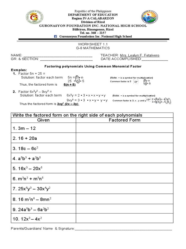 1.1. Factoring Common Monomial Factor | PDF