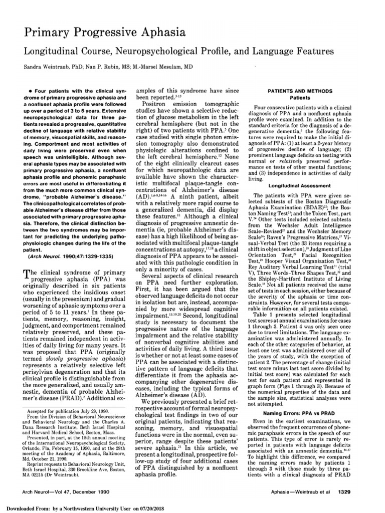 Progressive: Primary Aphasia | PDF | Aphasia | Wechsler Adult ...