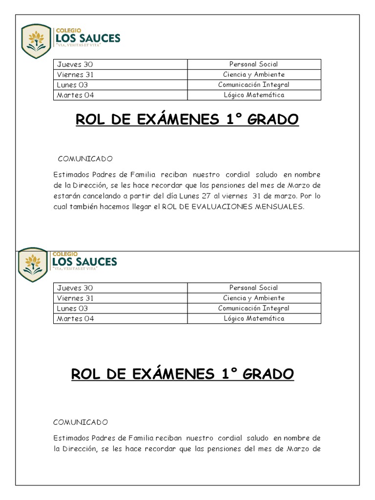 Rol de Examenes | PDF