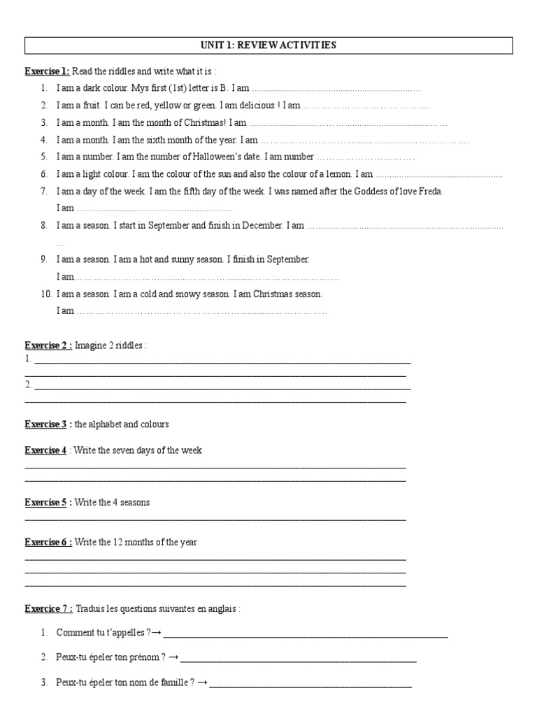 Exos de Révisions 6e UNIT 1 | PDF
