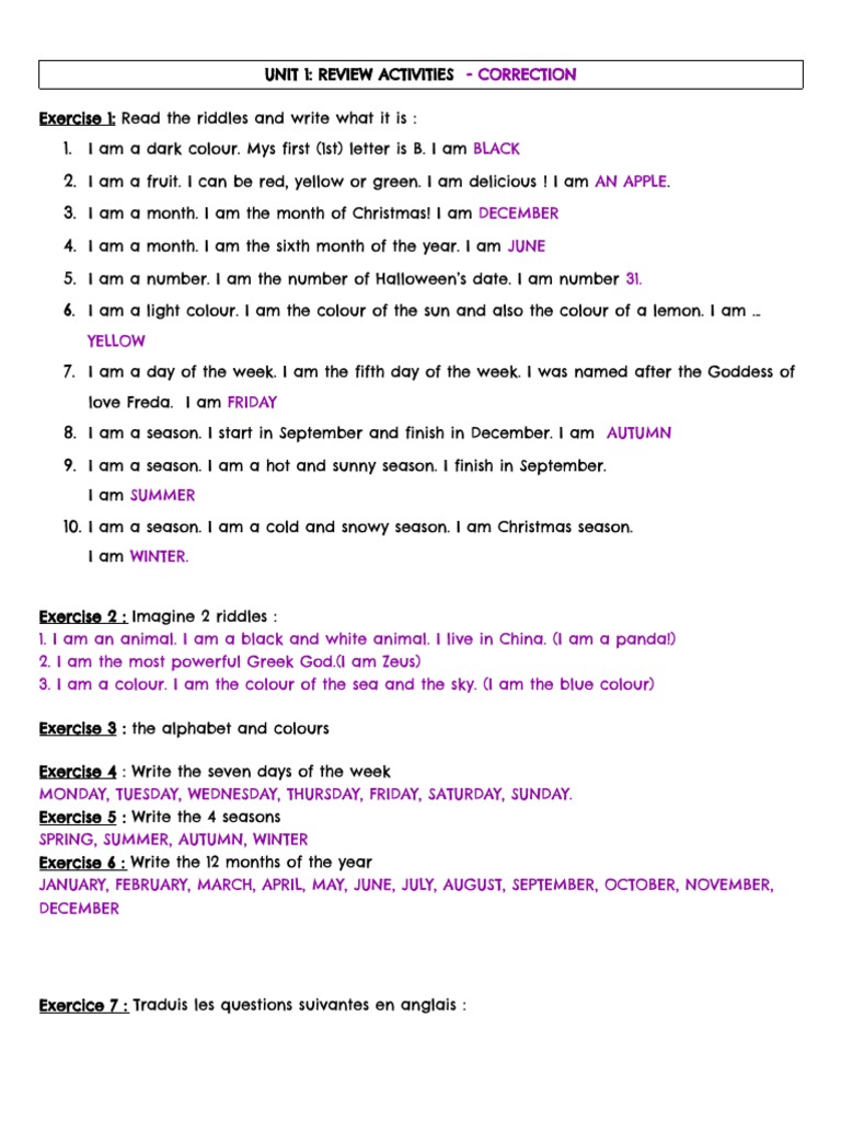 Exercices de Révisions - UNIT 1 - CORRECTION | PDF