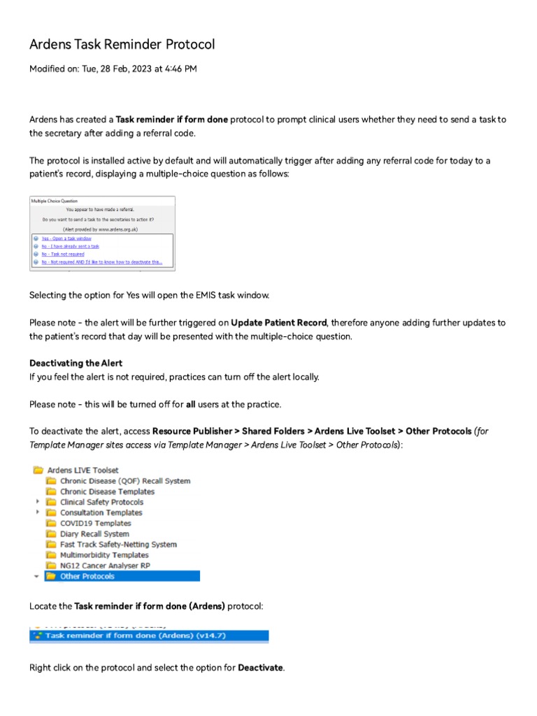 Ardens Task Reminder Protocol - Ardens EMIS Web | PDF