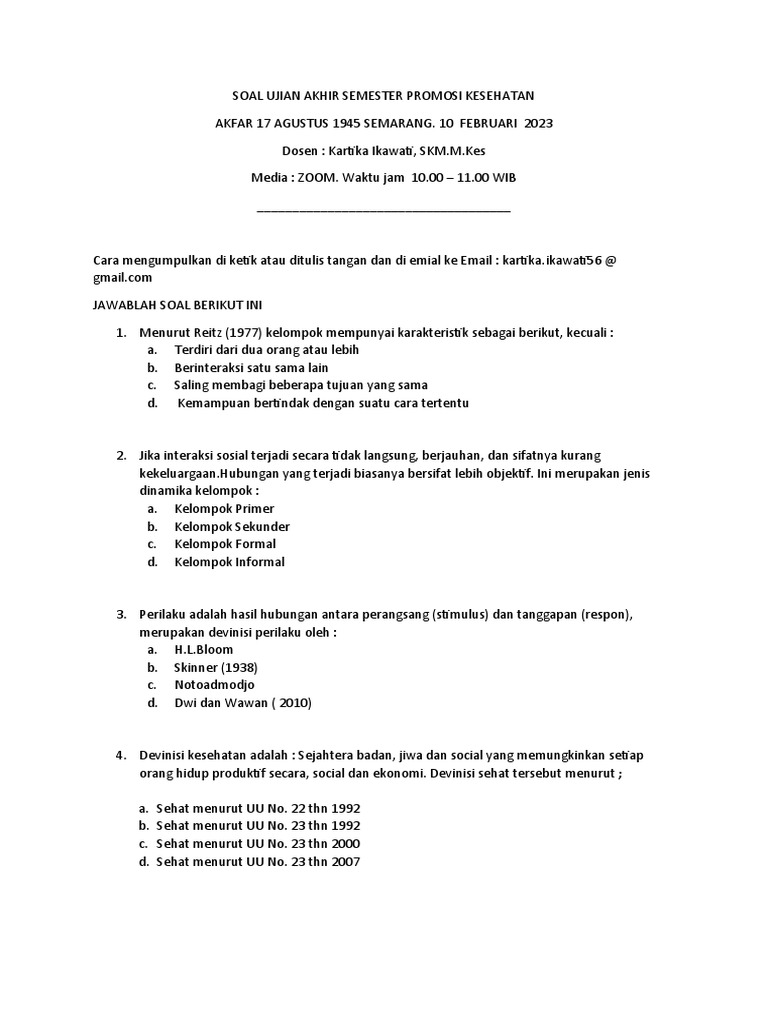 SOAL UJIAN UAS PROMOSI KESEHATAN AKFAR 2022-2023 (1) | PDF