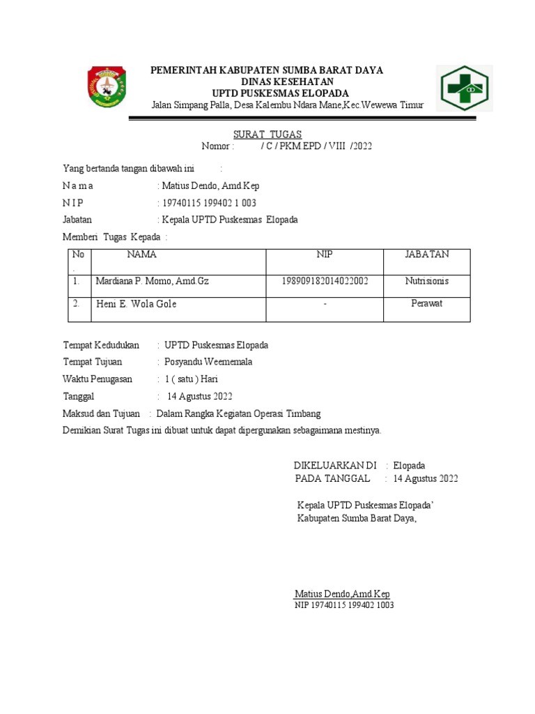 Contoh Surat Tugas Kegiatan Operasi Timbang | PDF