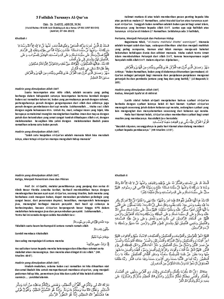 Fadhilah Nuzulul Qur'an di Ramadhan | PDF