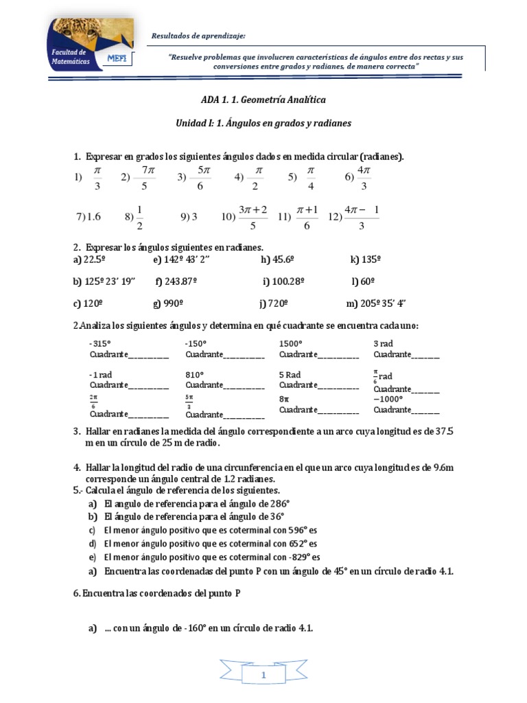 Conversión de ángulos: grados y radianes | PDF | Ángulo | Geometría ...