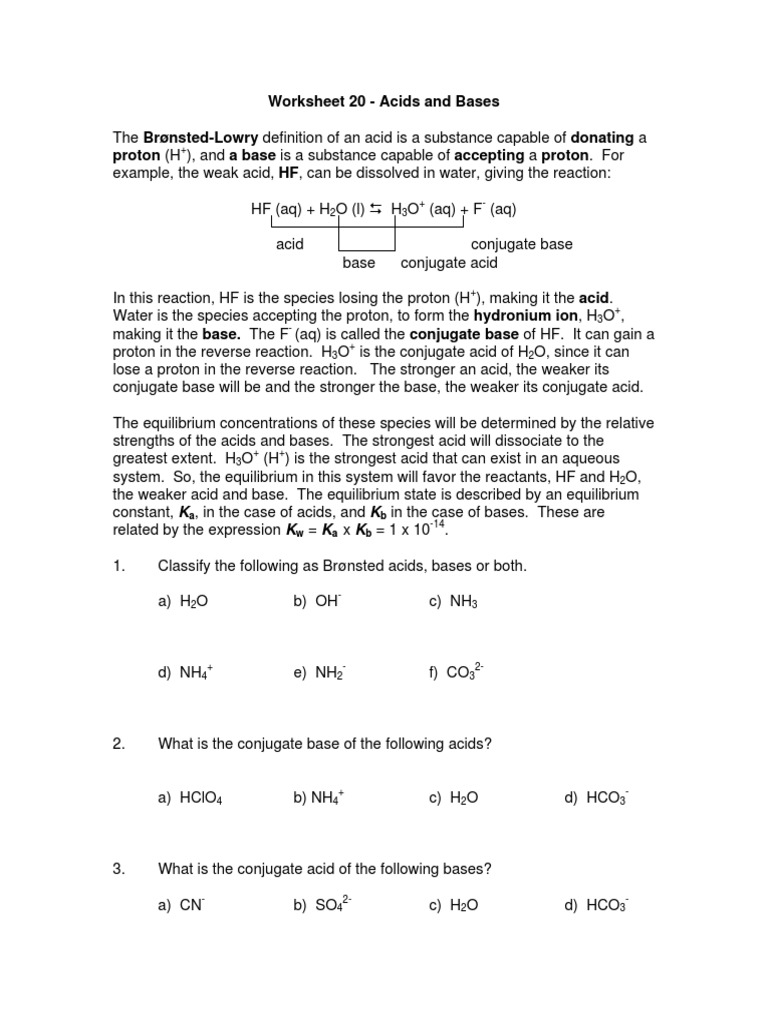 WS4. Lewis Bronsted-Lowry Acids Worksheet (HL) | PDF | Acid | Chemical ...