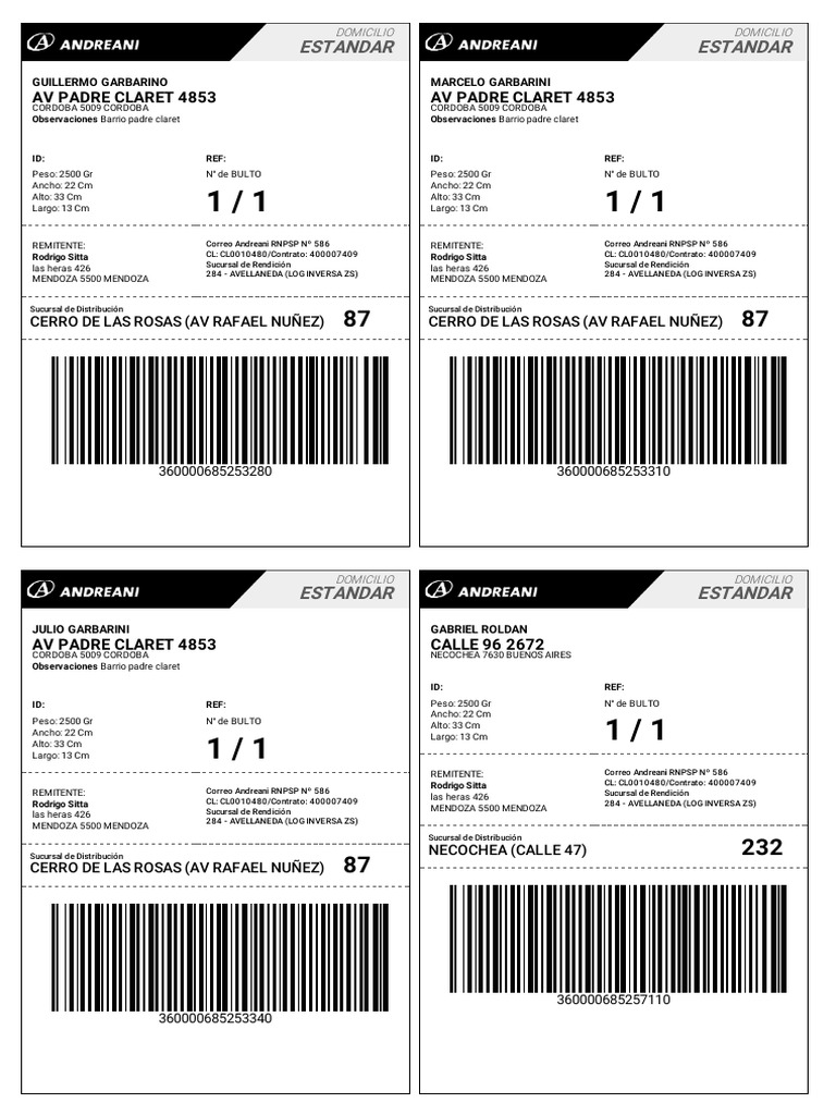 Envíos y Domicilios Andreani Córdoba | PDF