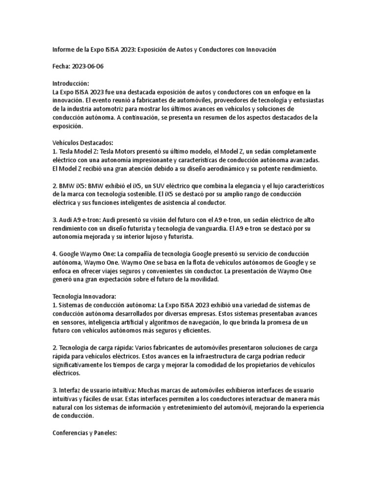 Informe Expo ISISA 2023: Innovación Automotriz | PDF | Interfaz de ...