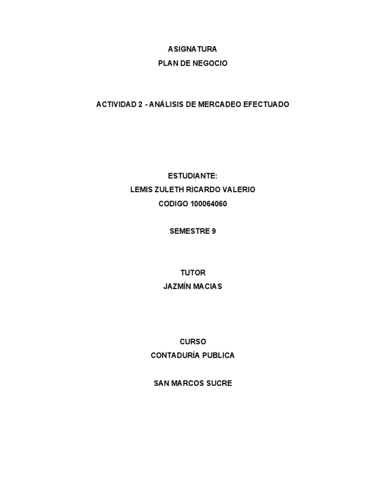 Actividad 2 - Análisis de Mercadeo Efectuado Lemis | PDF | Negocios | Finanzas y dinero