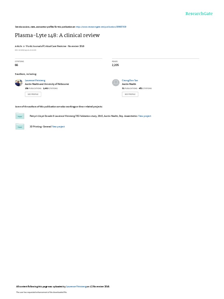 Plasma-Lyte 148 A Clinical Review | PDF | Clinical Medicine | Medical ...