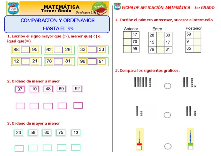 Ficha de Matemática - Comparación y Ordenamiento de Números Hasta El 99 ...