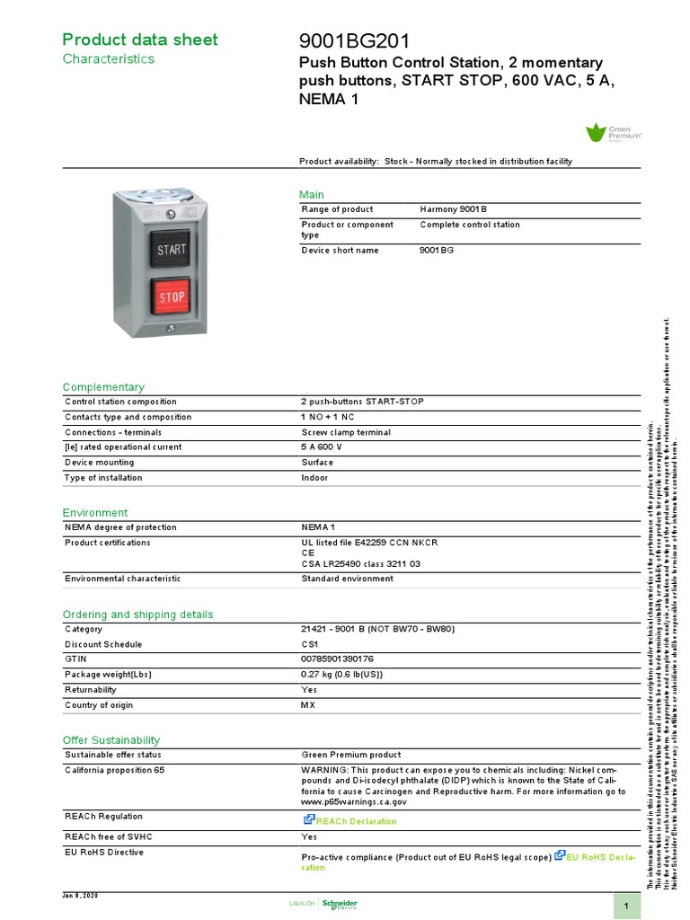Product Data Sheet: Push Button Control Station, 2 Momentary Push ...